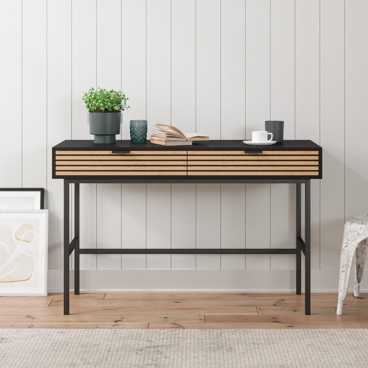 Black Study Desk Console Table with Slatted Drawers - Bunnings Australia