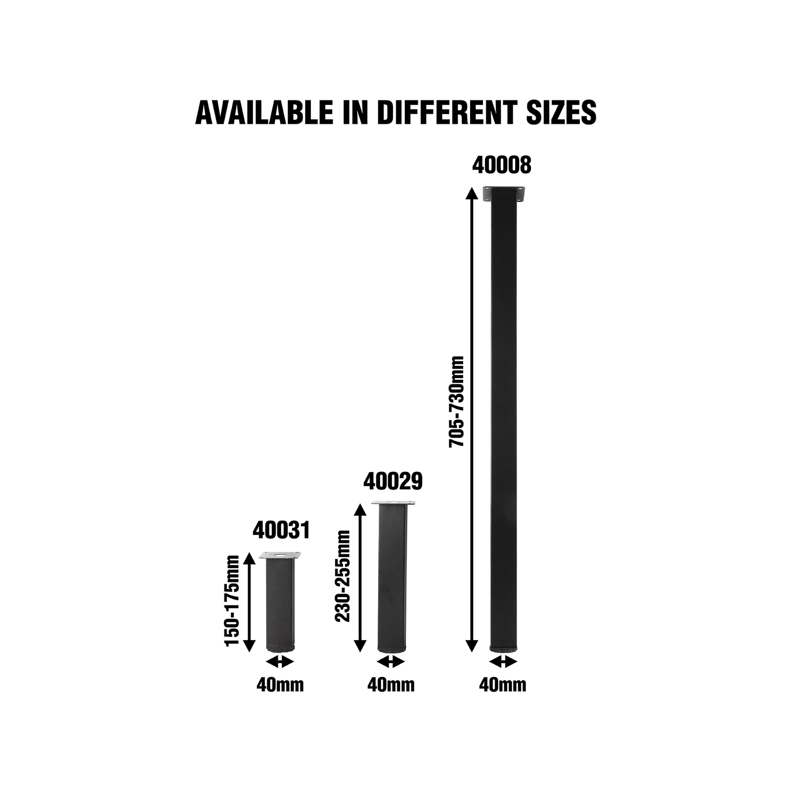 Adoored 40 x 710mm Black Square Adjustable Furniture Leg - Bunnings ...