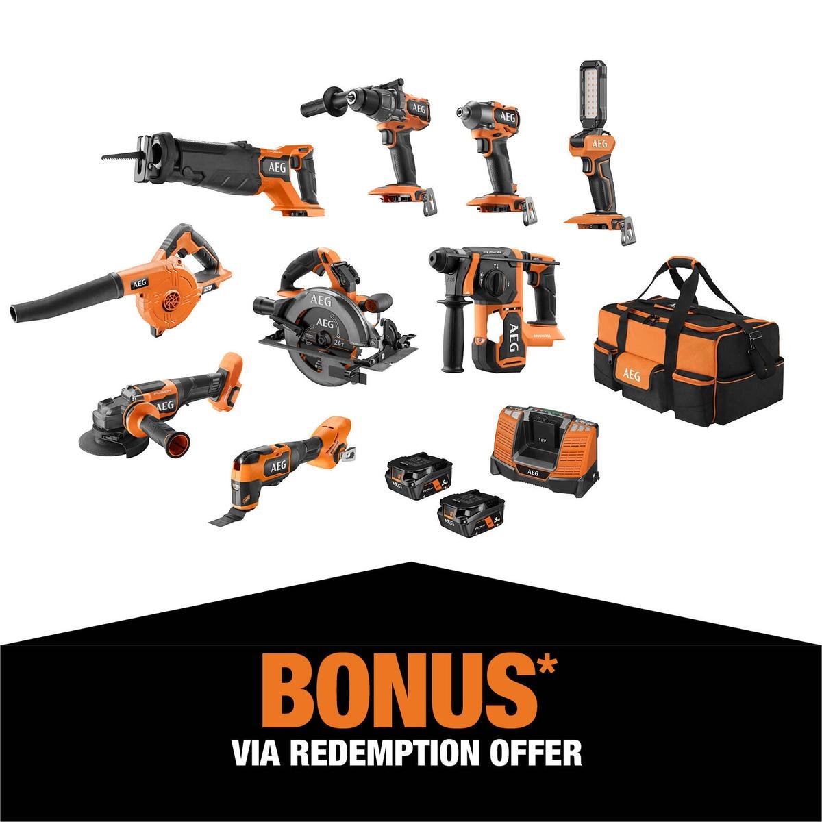 AEG 18V 9-Piece FUSION/Brushless 5.0Ah FORCE Kit - Bunnings Australia