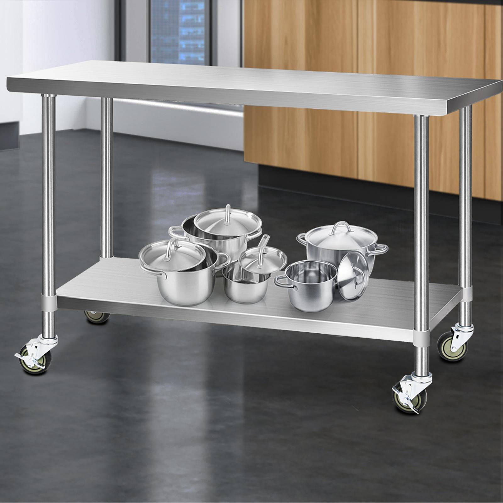 Cefito 1524x610mm Commercial Stainless Steel Kitchen Bench w/ Wheels ...