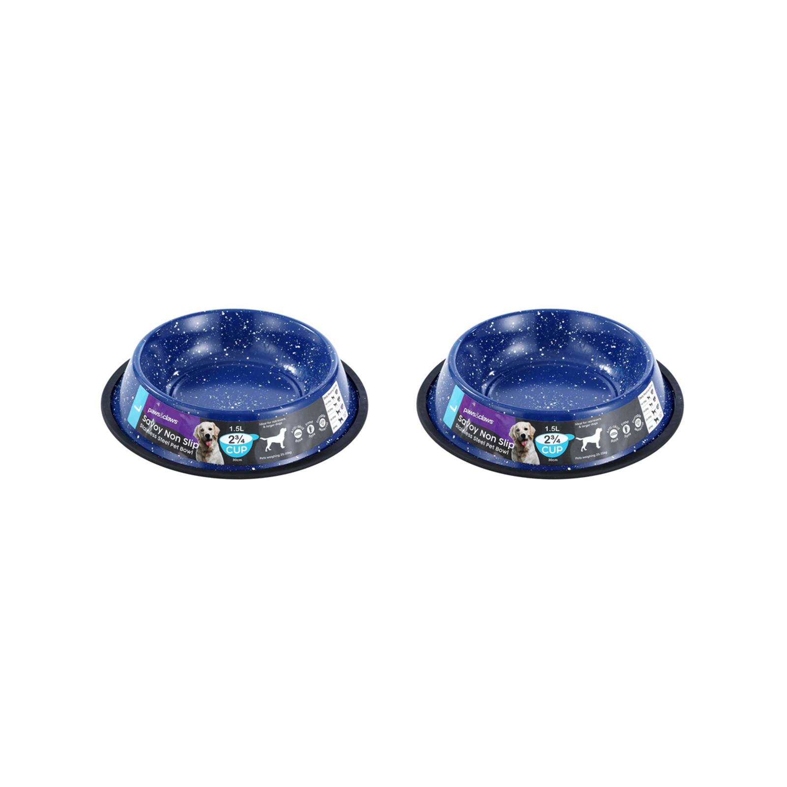 2x Paws & Claws Savoy 1.5L/29cm Non-Slip Stainless Steel Pet Bowl ...