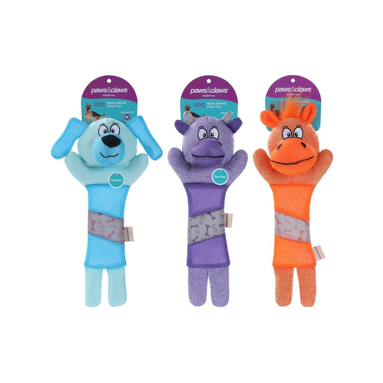 3x Paws & Claws 40cm Neon Animal Canvas Toy w/ Crinkle Belly - Assorted ...