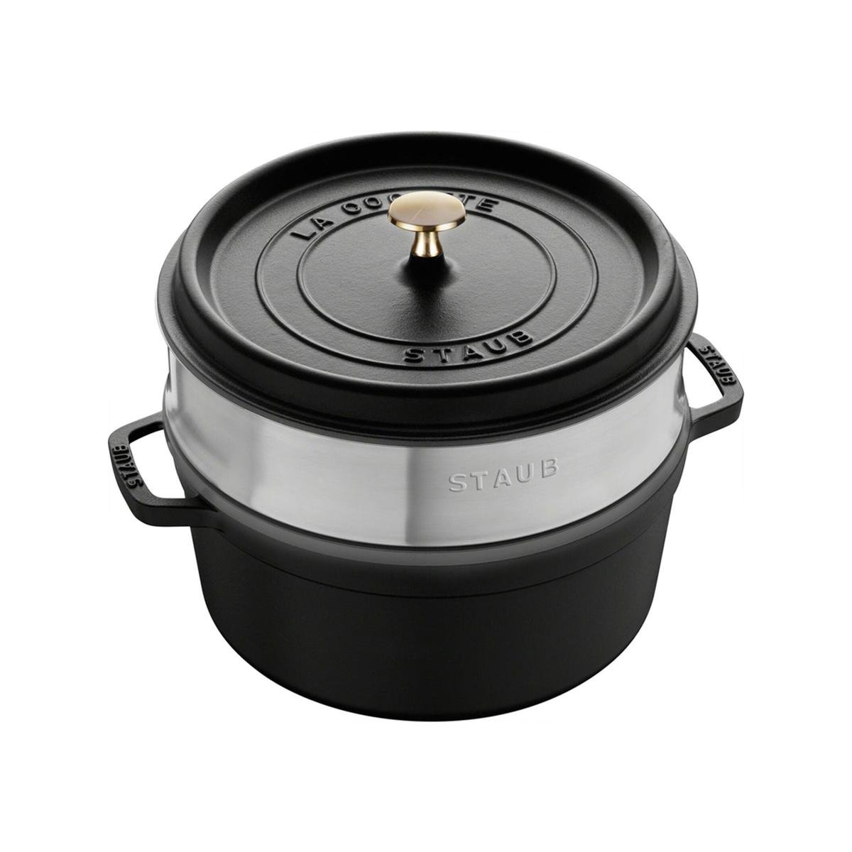 Staub 26cm/5.2l Enamel/cast Iron Round Cocotte Pot W/ Steamer - Black ...