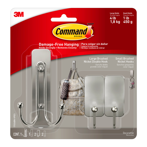 Command Large Double And Small Brushed Nickel Hooks - 3 Pack - Bunnings ...