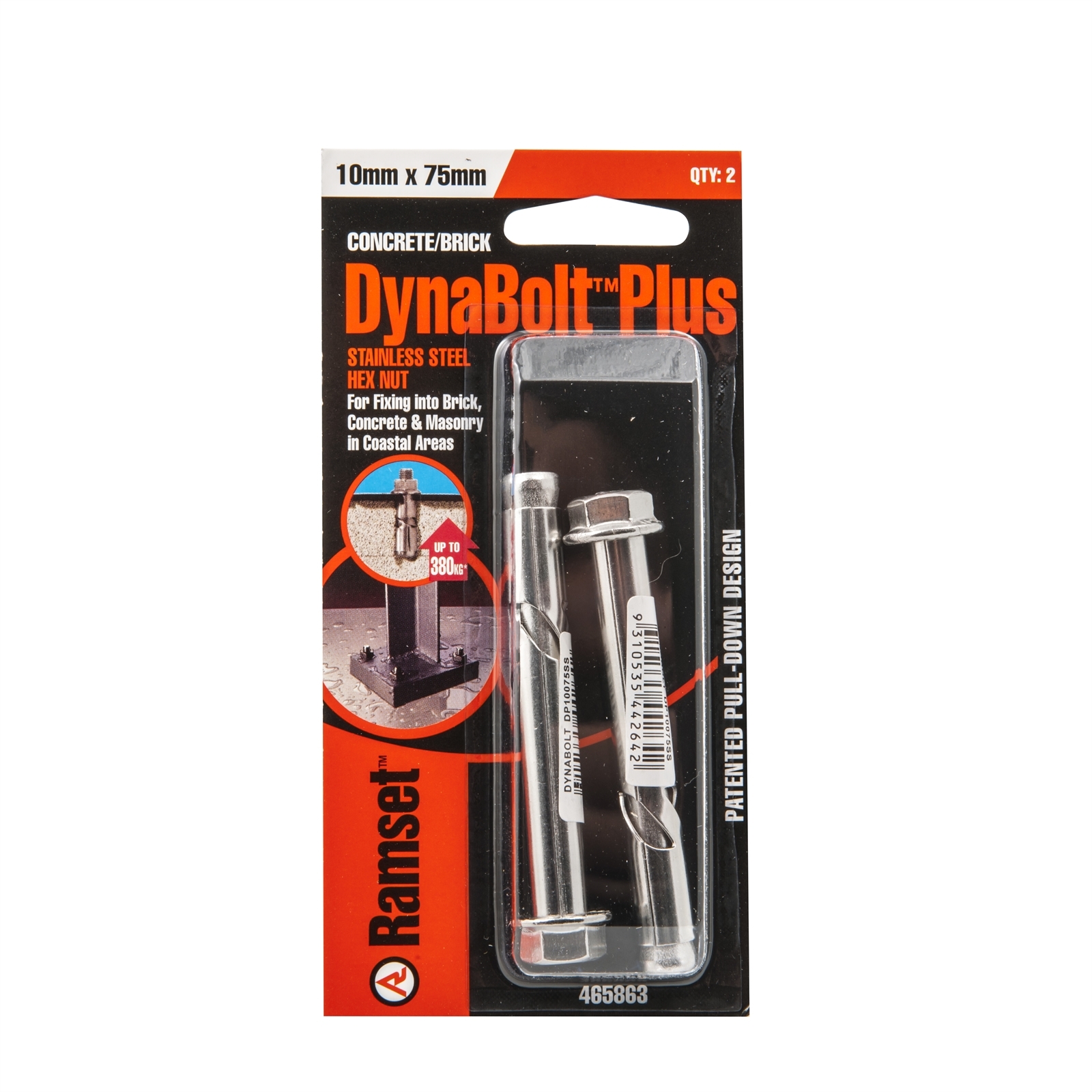 Ramset 10 x 75mm Stainless Steel DynaBolt Plus Hex Head Bolt - 2 Pack ...