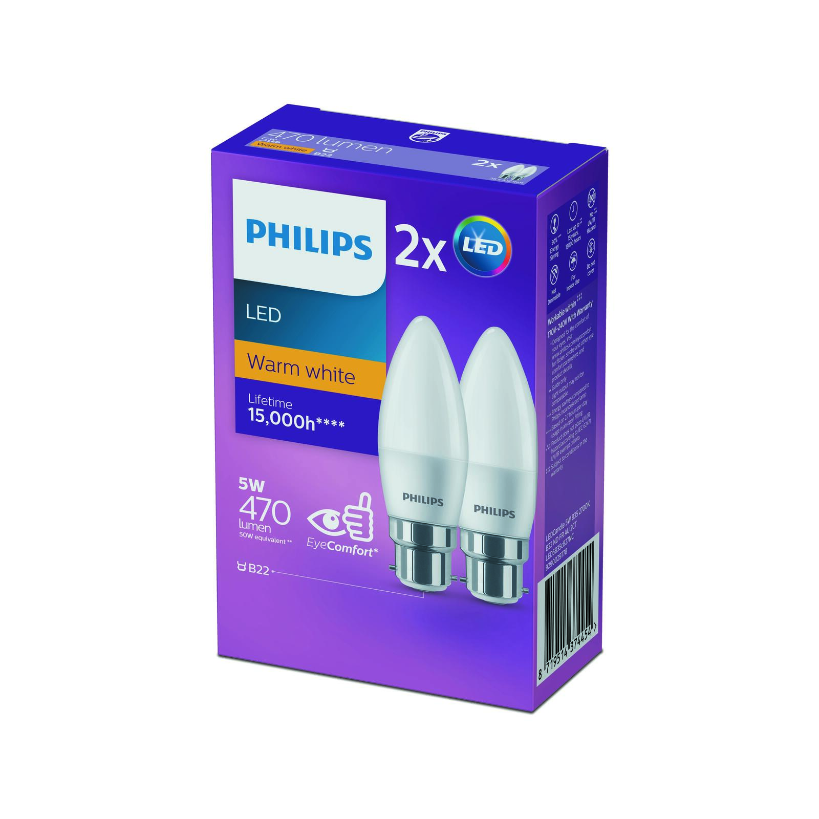 Philips P45 B22 LED 470Lm Warm White 5W Candle - 2 Pack - Bunnings ...