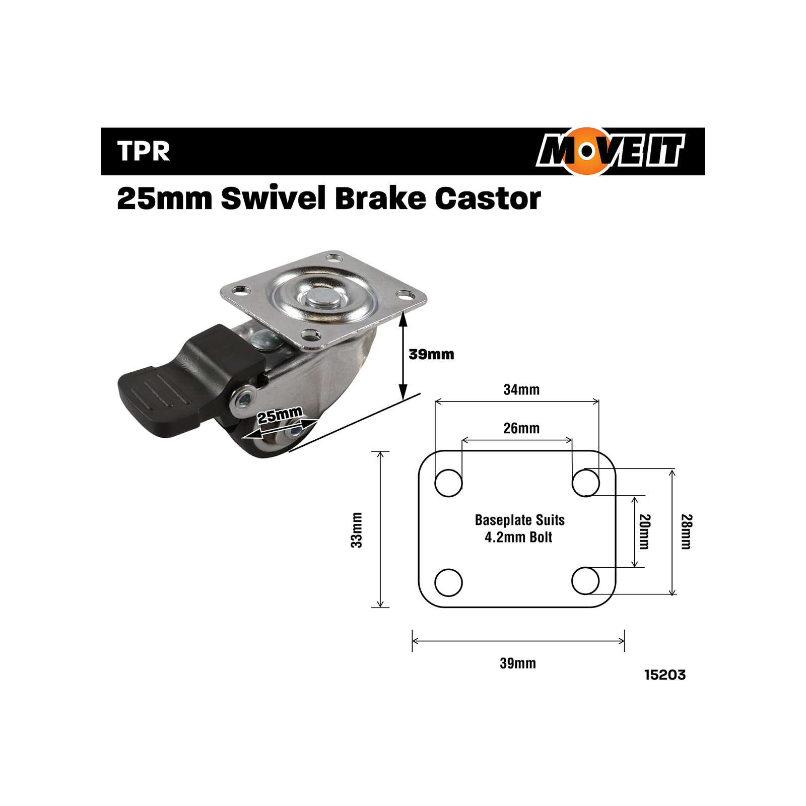 Move It 25mm 10kg Rubber Swivel Castor With Brake - Bunnings Australia