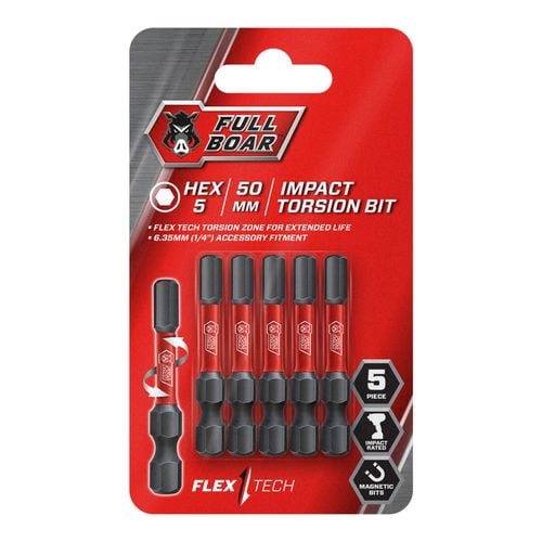 Full Boar 50mm x HEX5 Impact Torsion Bit - 5 Pack - Bunnings Australia