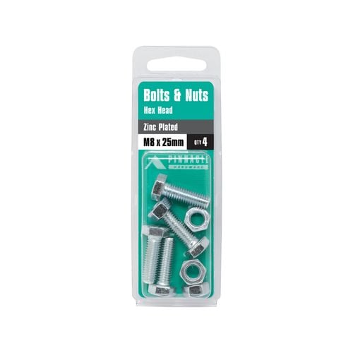 Pinnacle M8 x 25mm Zinc Plated Hex Head Bolts And Nuts - 4 Pack ...