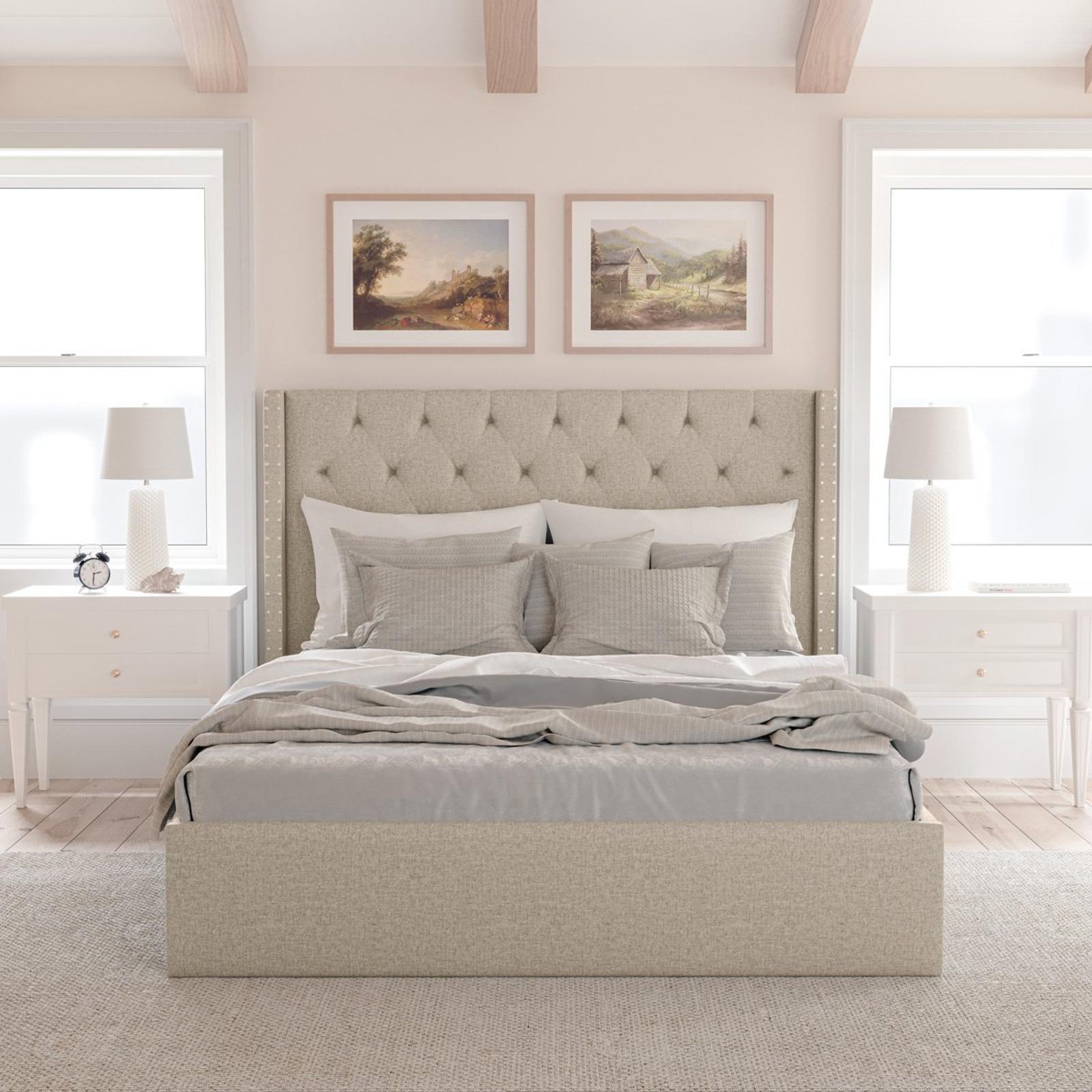 Leonora Double Beige Gas Lift Storage Wing Bed Frame with Studs ...