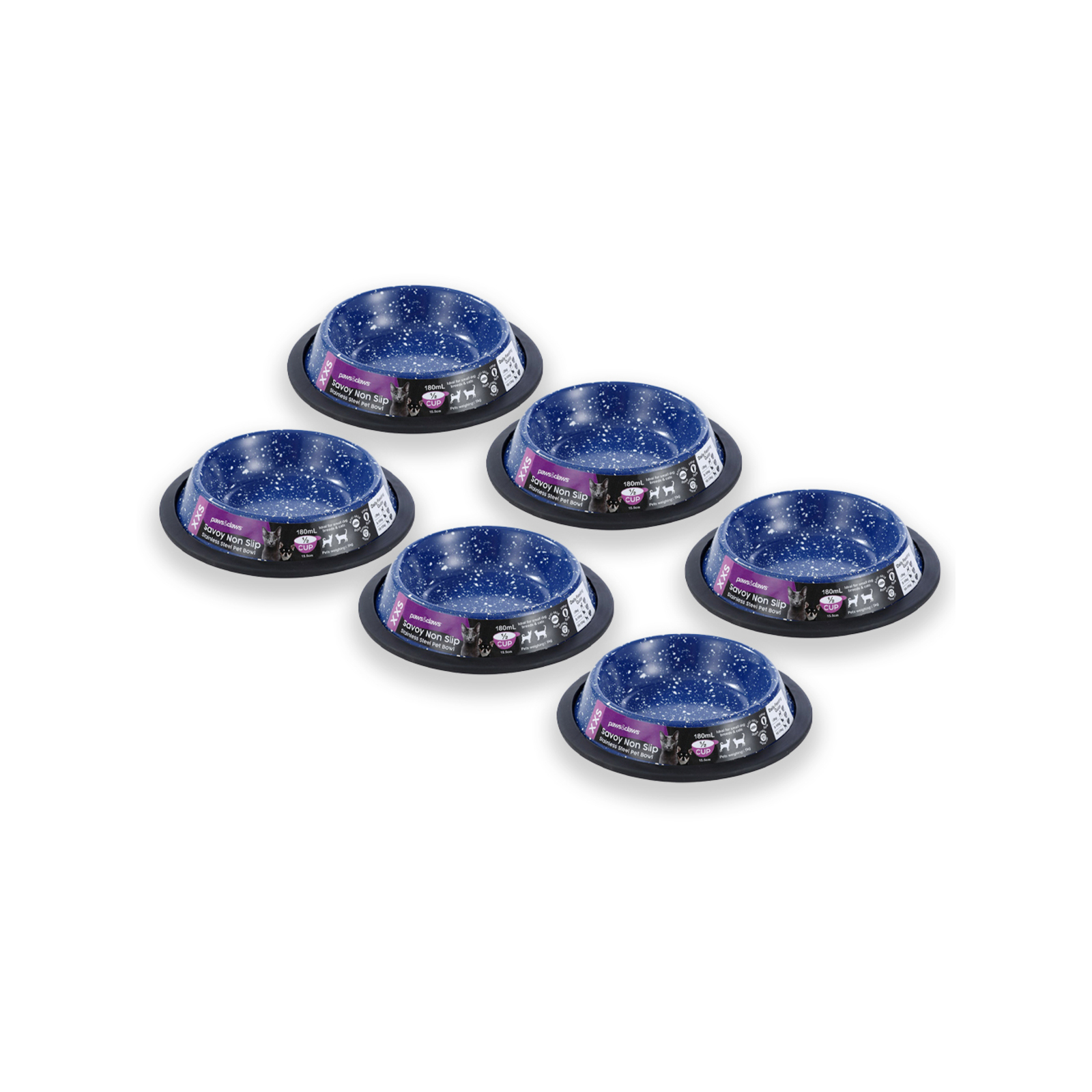 6x Paws & Claws Savoy 180ml/15.5cm Non-Slip Stainless Steel Pet Bowl ...