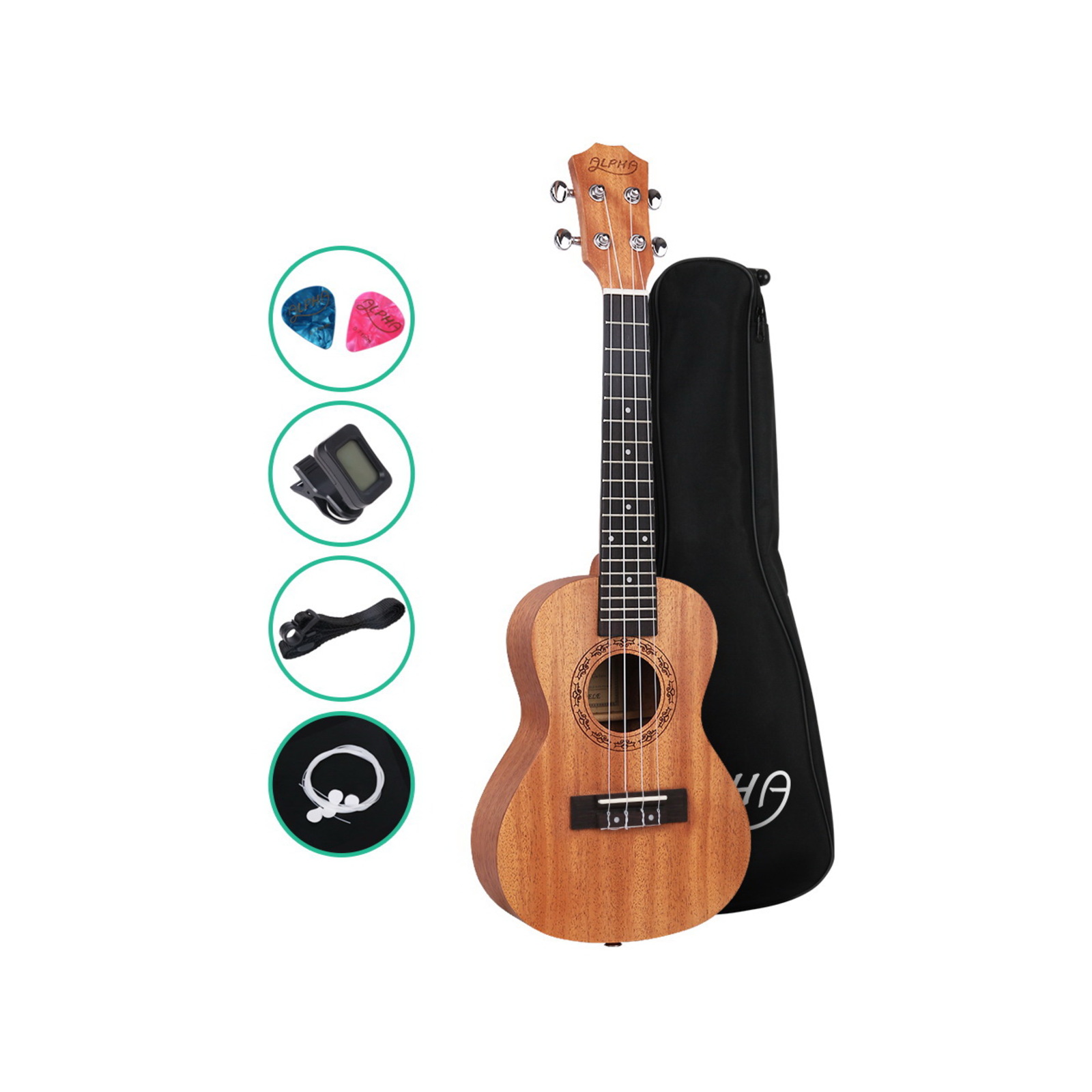 Ukulele Tenor 26" Acoustic Mahogany w/ Carry Bag Tuner Set Alpha ...