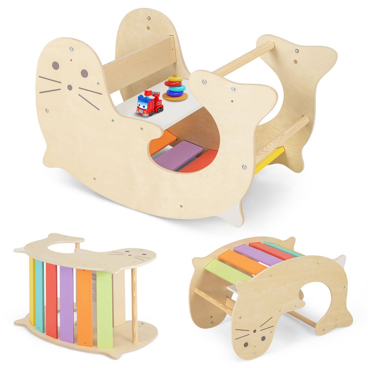 Costway 3 In 1 Kids Climber Toy Set Wood Rocking Horse & Play Table ...