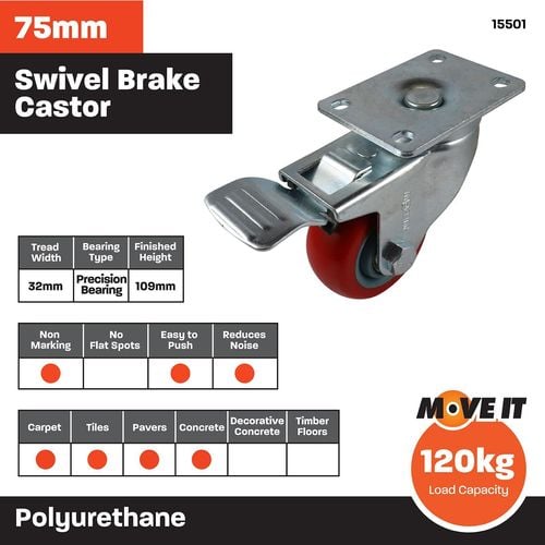 Move It 75mm 120kg Red Poly Swivel Brake Castor - Bunnings Australia
