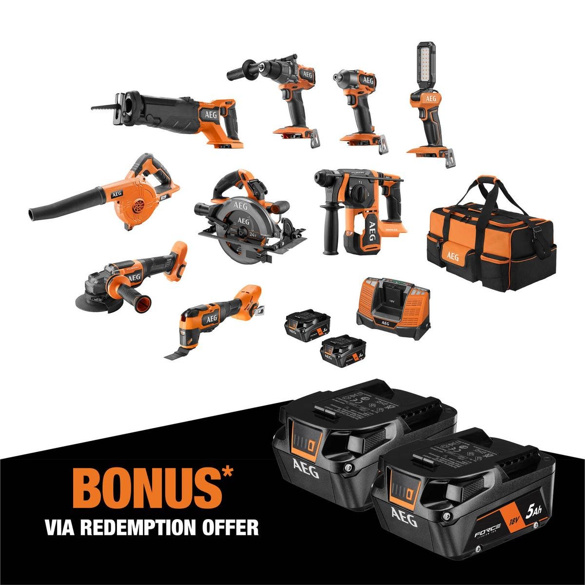 AEG 18V 9-Piece FUSION/Brushless 5.0Ah FORCE Kit - Bunnings Australia