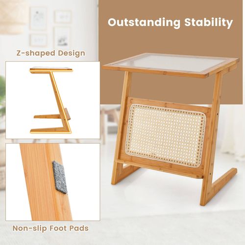 Costway Boho Bamboo End Table Z-shaped Nightstand Sofa Side Accent ...