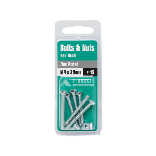 Pinnacle M4 x 35mm Zinc Plated Hex Head Bolts And Nuts - 6 Pack ...