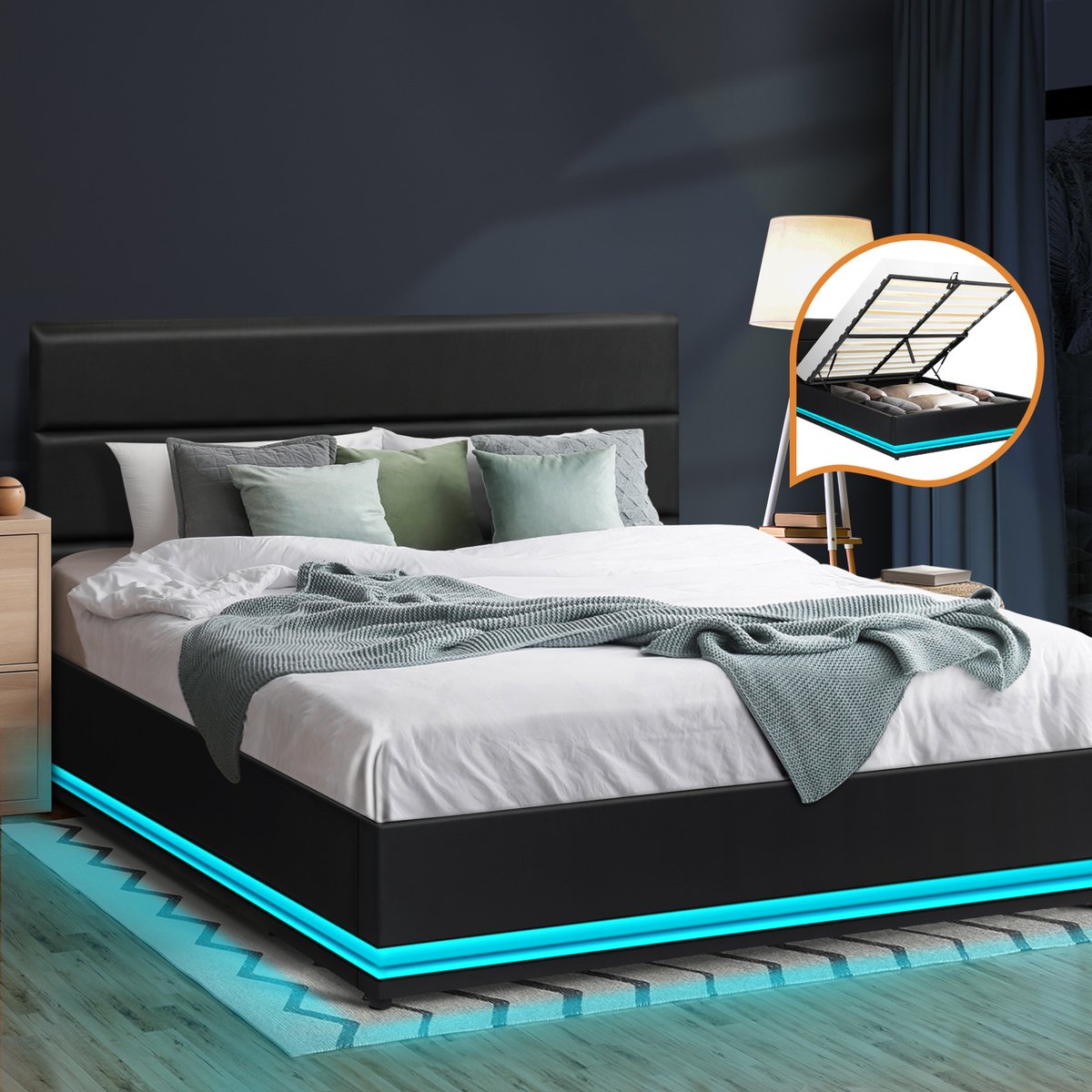 Oikiture Bed Frame Gas Lift RGB LED Black Leather-Queen - Bunnings ...