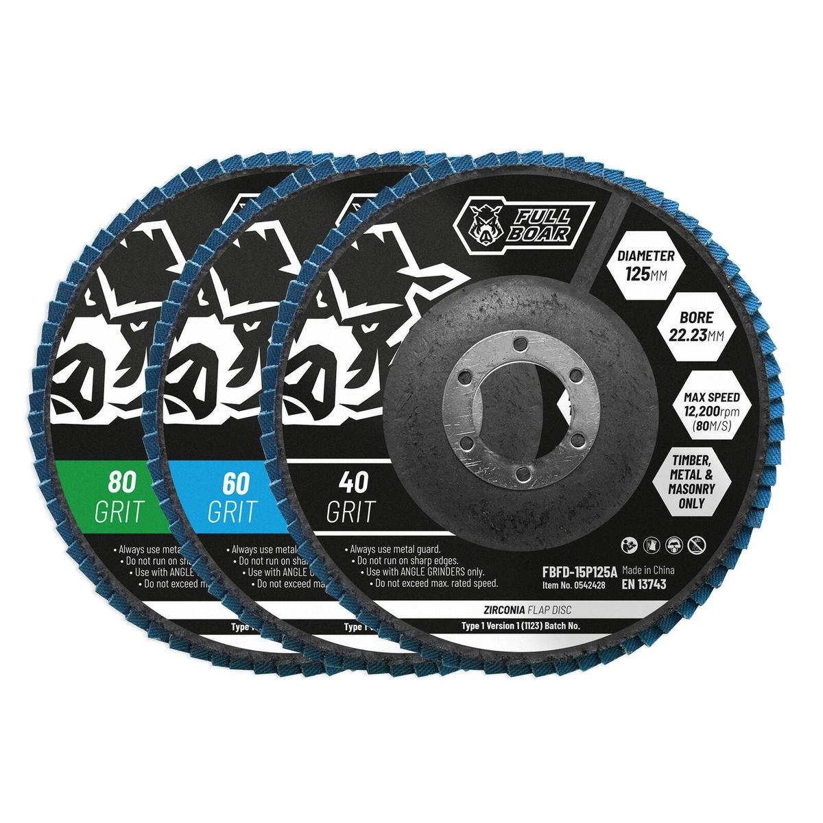 Full Boar 15 Pack 125mm Zirconia Flap Disc (40, 60, 80 Grit) - Bunnings ...