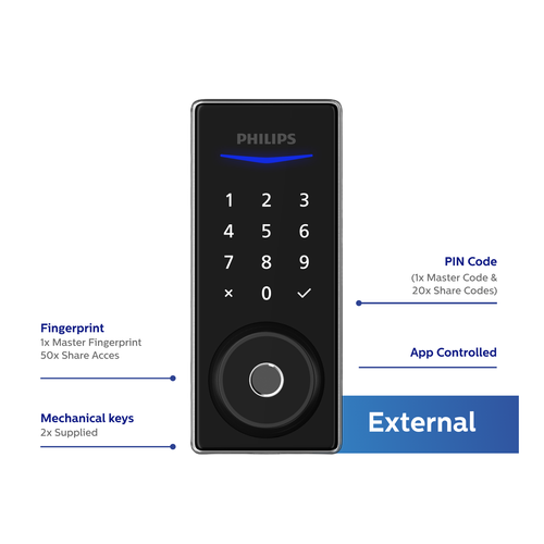 Philips Black EasyKey Fingerprint Deadbolt Door Lock With Mechanical ...