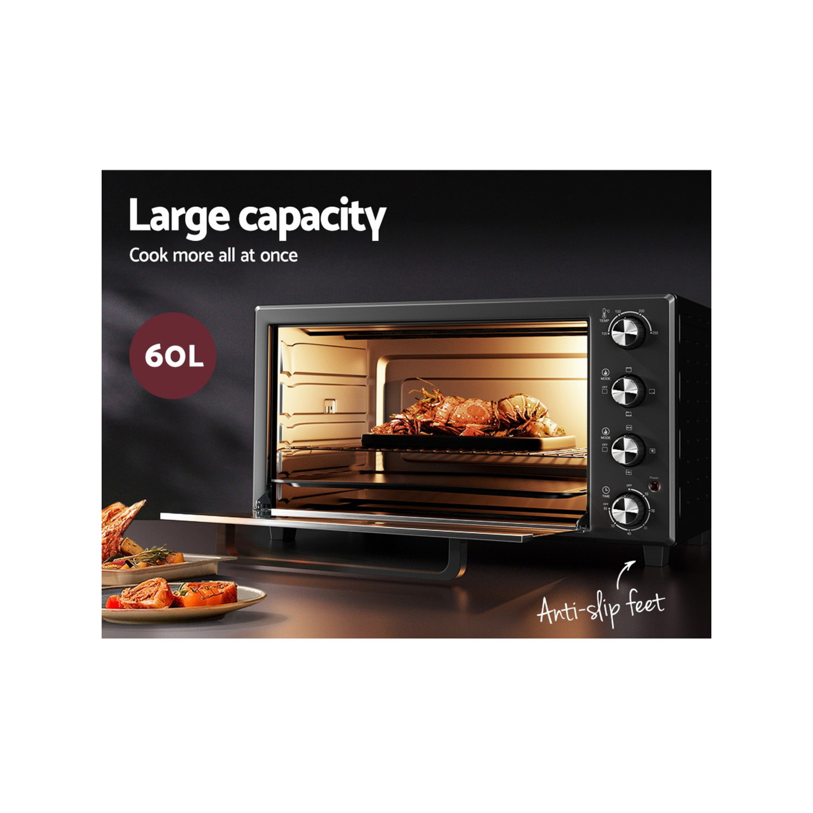 Devanti Electric Convection Oven Bake Benchtop Rotisserie Grill 60L ...