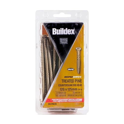 Buildex RapidDrive Treated Pine Screws 12G x 125mm Climacoat - 50 Pack ...