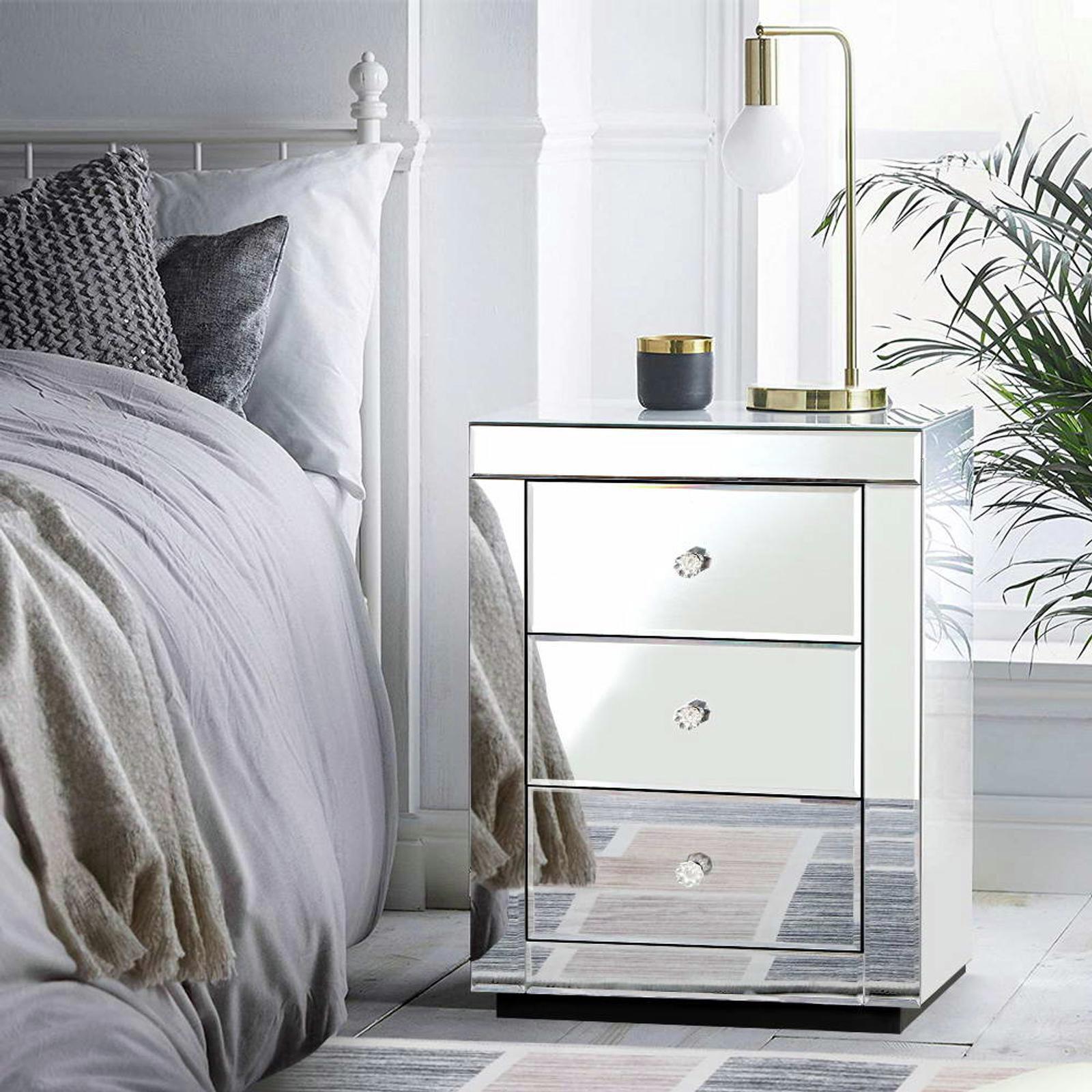 Artiss Glass Mirrored 3 Drawer Bedside Table - Silver - Bunnings Australia