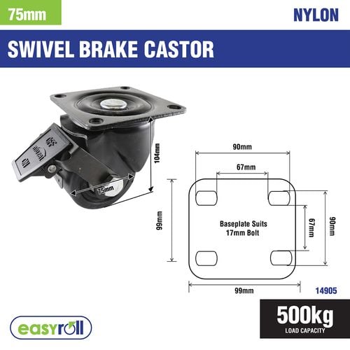 Easyroll 75mm 500kg Black Swivel Brake Machine Castor - Bunnings Australia