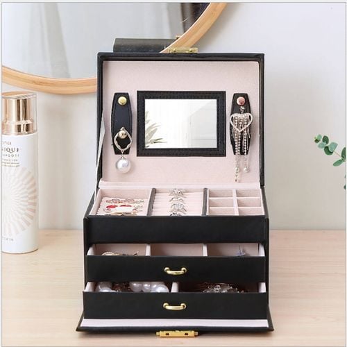 Jewellery Box With Mirror Double Drawers Organizer Storage Lock Case ...