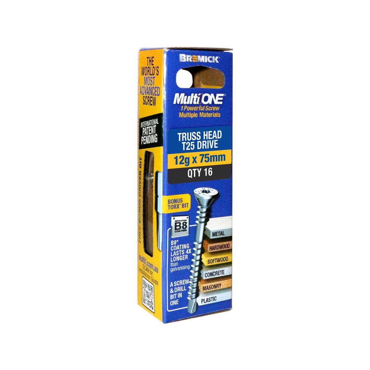 Bremick MultiONE 12g x 75mm B8 Countersunk Truss Head Screw - 16 Pack ...