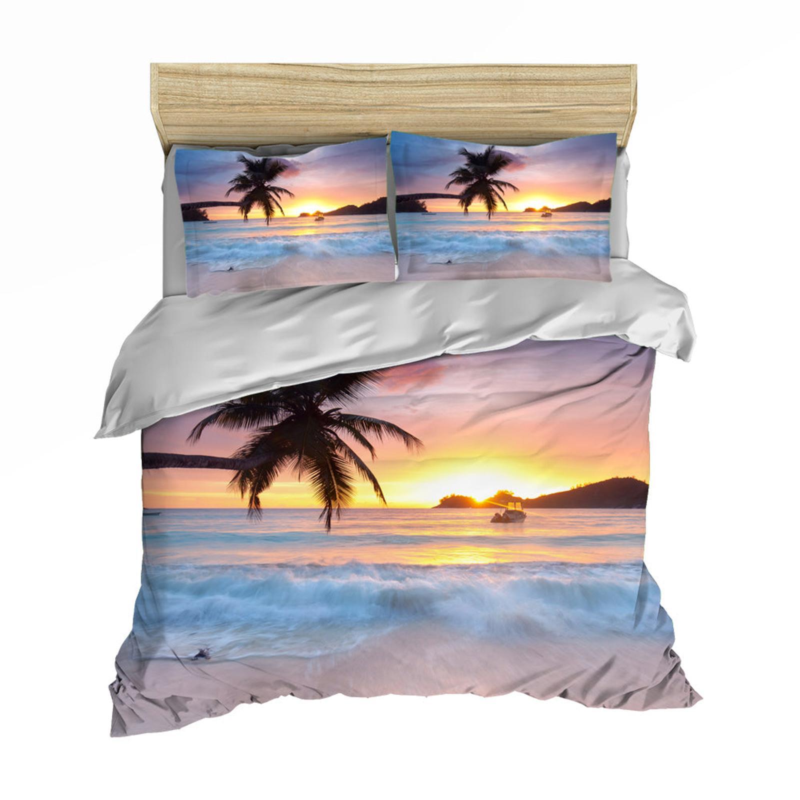 3D Setting Sun Seaside Beach Tropical Palm Tree Quilt Cover Set Bedding ...