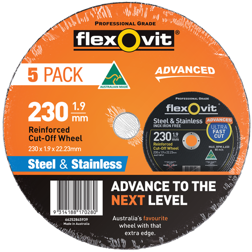 Flexovit 230 x 1.9 x 22.23mm Black Metal Cut Off Wheel - 5 Pack ...