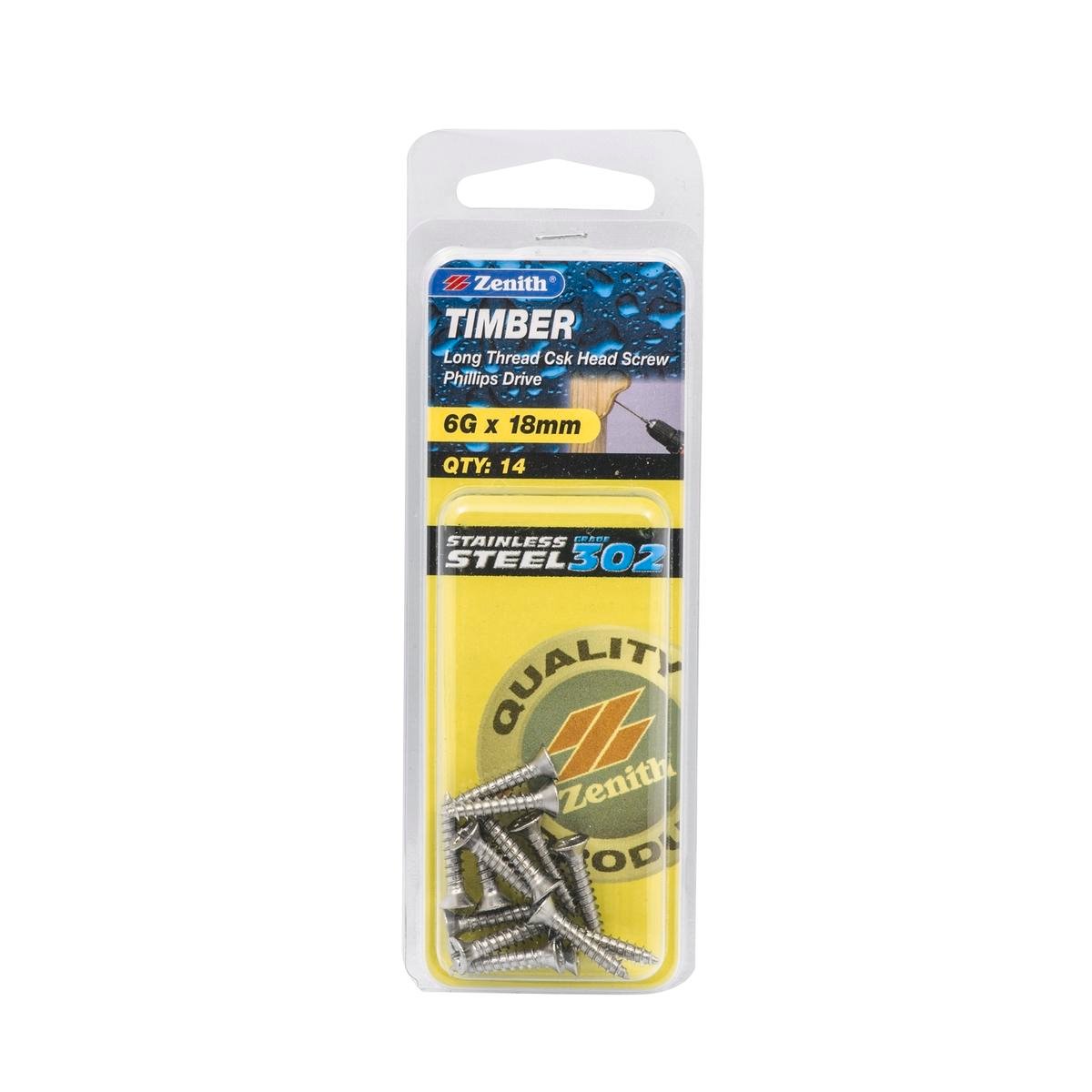 Zenith 6G x 18mm Stainless Steel Long Thread Countersunk Head Timber ...