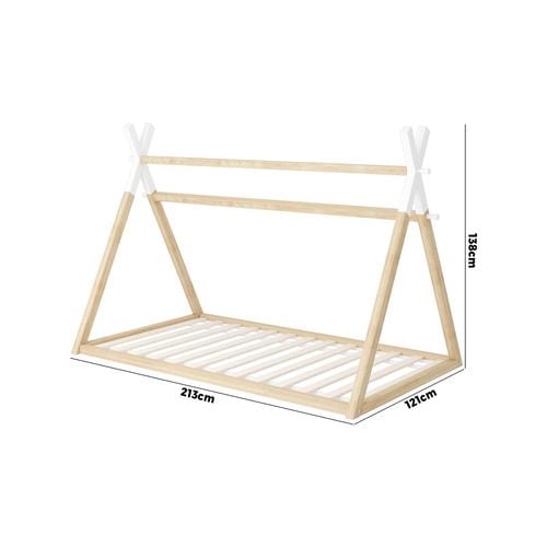 Oikiture Kids Bed Frame Wooden Timber King Single Teepee House Frame ...
