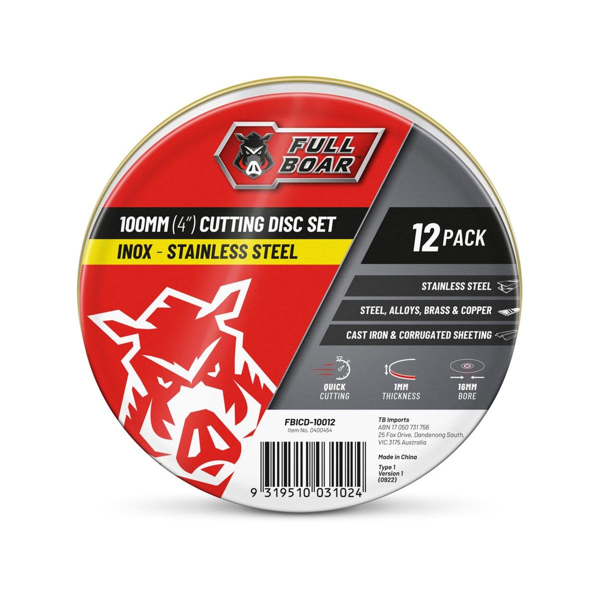 Full Boar 100mm (4") x 1.0 x 16mm Inox Cutting Disc - 12 Pack ...