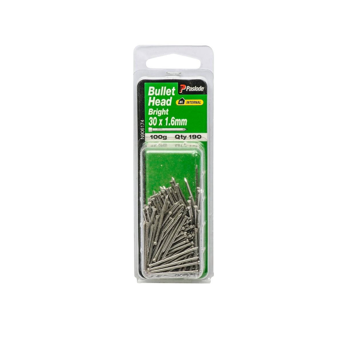 Paslode 30 x 1.6mm 100g Bright Steel Bullet Head Nails - 190 Pack ...